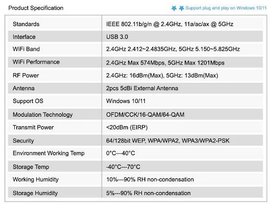 כרטיס רשת אלחוטי עומצמתי 2 אנטנות דואל בנד EZCool UWF-690 1800Mbps AC1800 Dual Band USB3.0 WIFI ...